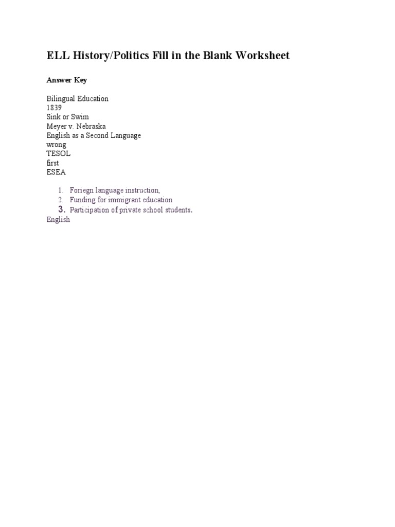 ELL History/Politics Fill in The Blank Worksheet: Answer Key | PDF