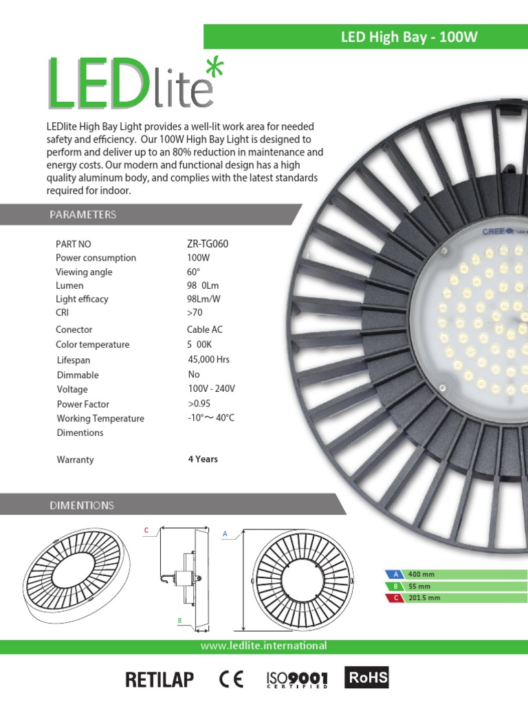 100W LED High Bay Light Overview | PDF | Lighting | Manufactured Goods