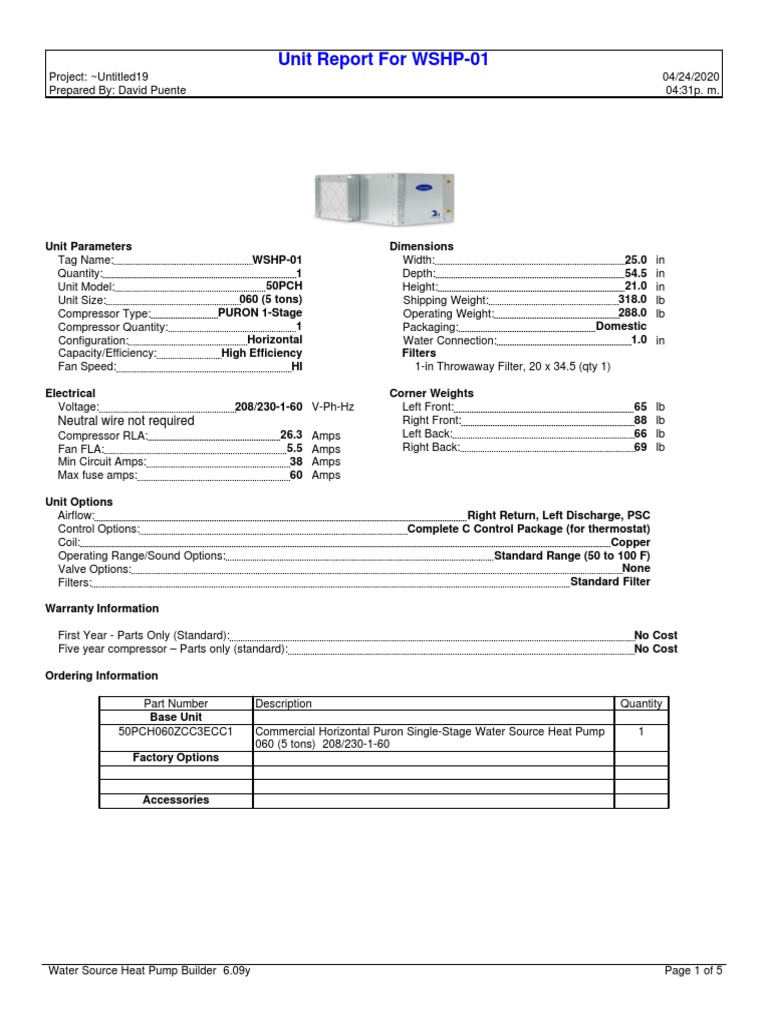 Unit Report For WSHP-01: Neutral Wire Not Required | PDF | Heat Pump ...