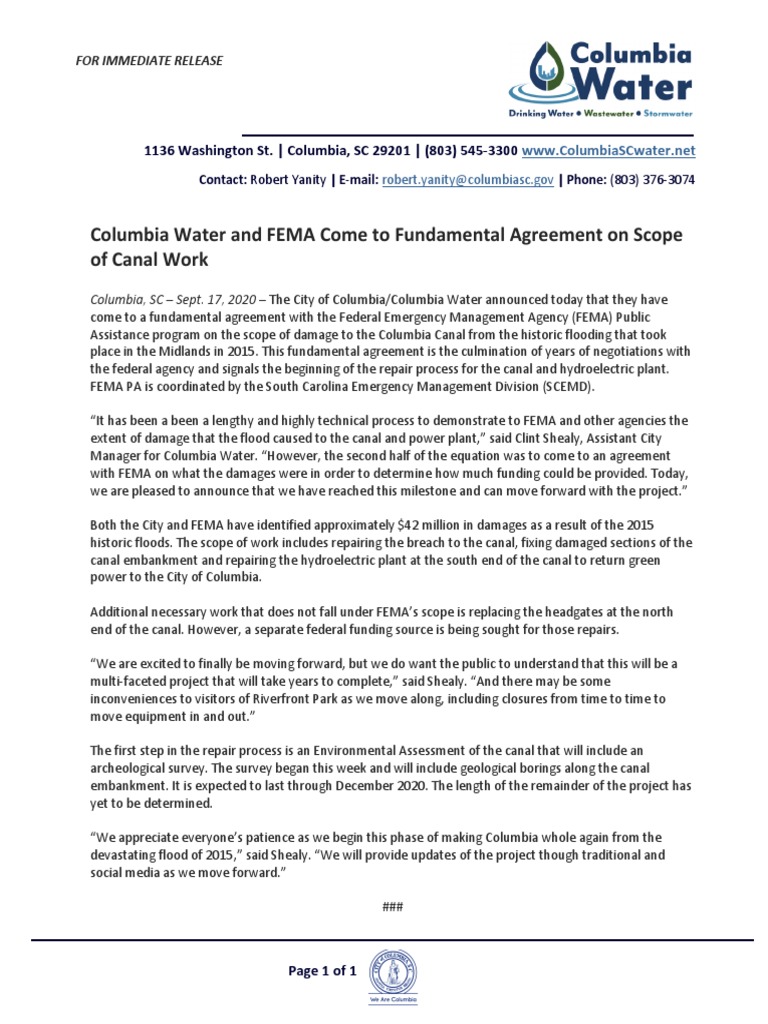Columbia Water and FEMA Come To Fundamental Agreement On Scope of Canal ...