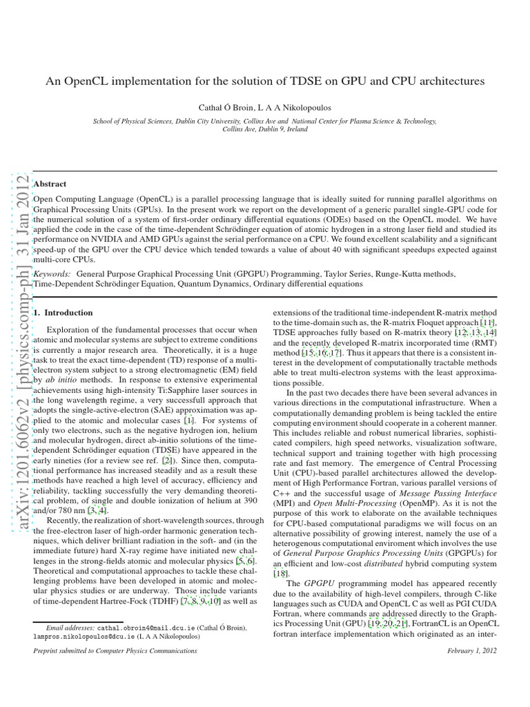 An Opencl Implementation For The Solution of Tdse On Gpu and Cpu Architectures | PDF | Graphics ...