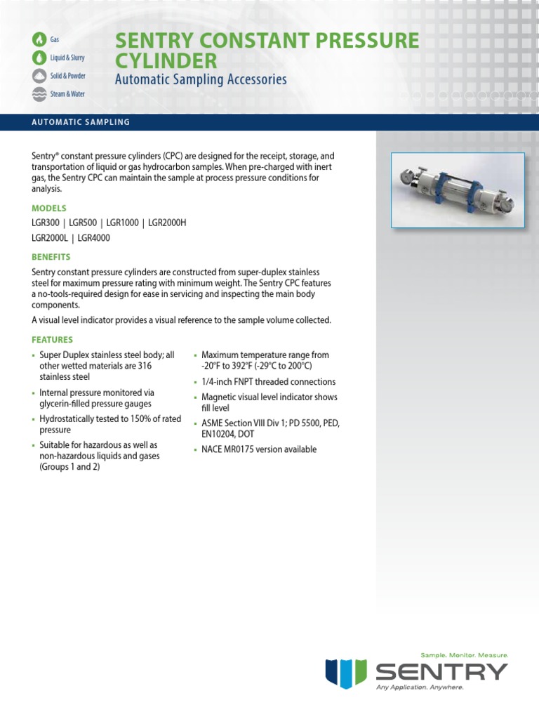 Sentry Constant Pressure Cylinder: Automatic Sampling Accessories | PDF ...