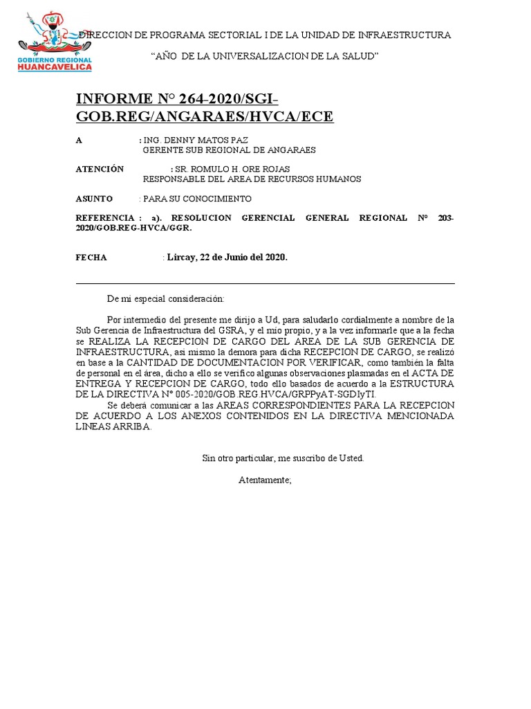 Informe #264 Conocimiento de Recepcion de Cargo RRHH | PDF
