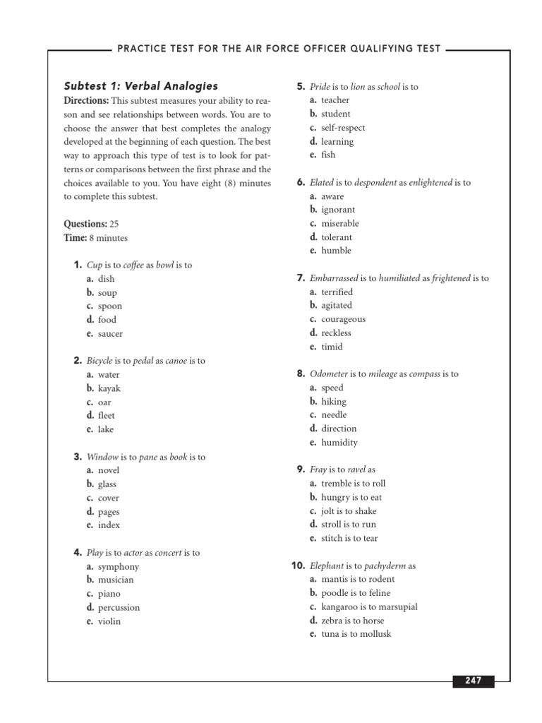 Subtest 1: Verbal Analogies: Practice Test For The Air Force Officer ...