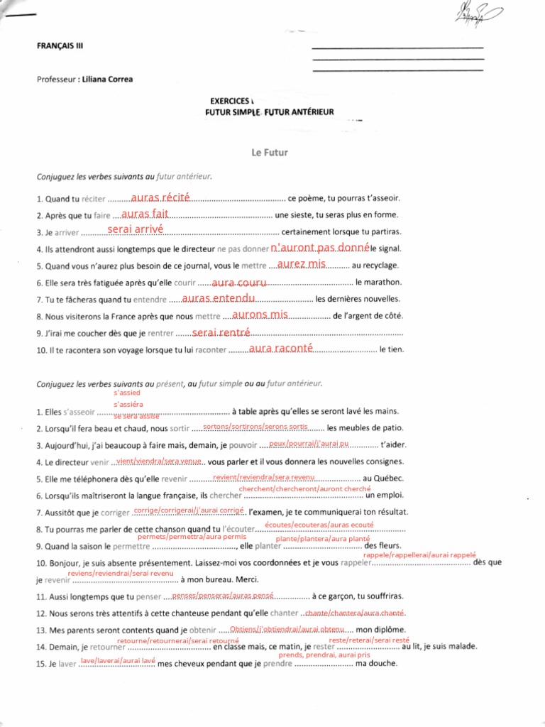 Exercices Futur S. - Futur Antérieur-Editado | PDF | Arts du langage et ...
