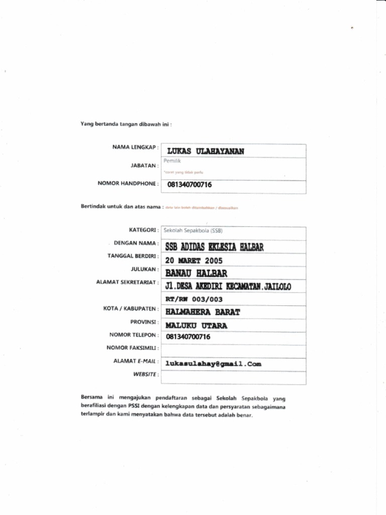 Pendaftaran Sekolah Sepakbola PSSI | PDF