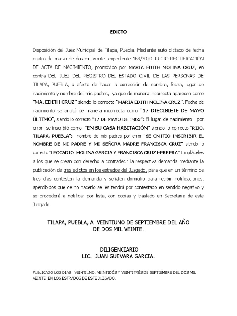 EDICTO Rectificación de Acta de Nacimiento | PDF | Derecho