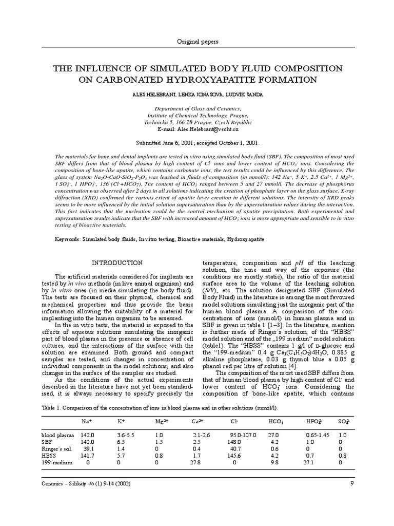 The Influence of Simulated Body Fluid Composition On Carbonated ...