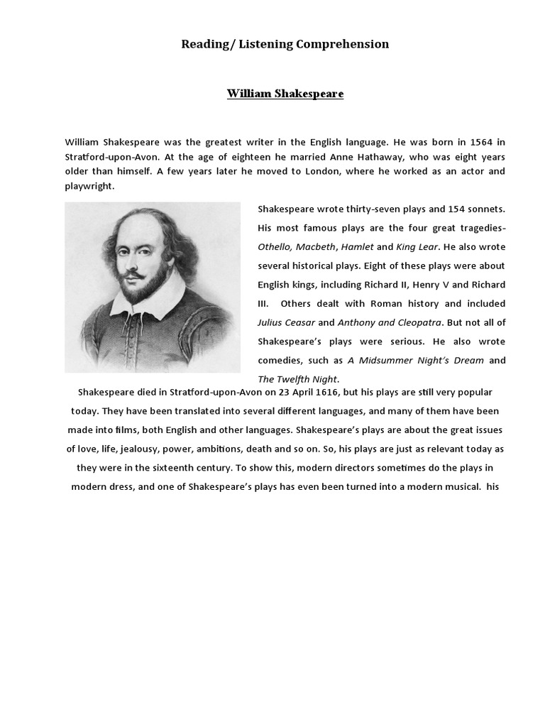 Reading/ Listening Comprehension: Othello, Macbeth, Hamlet and King ...