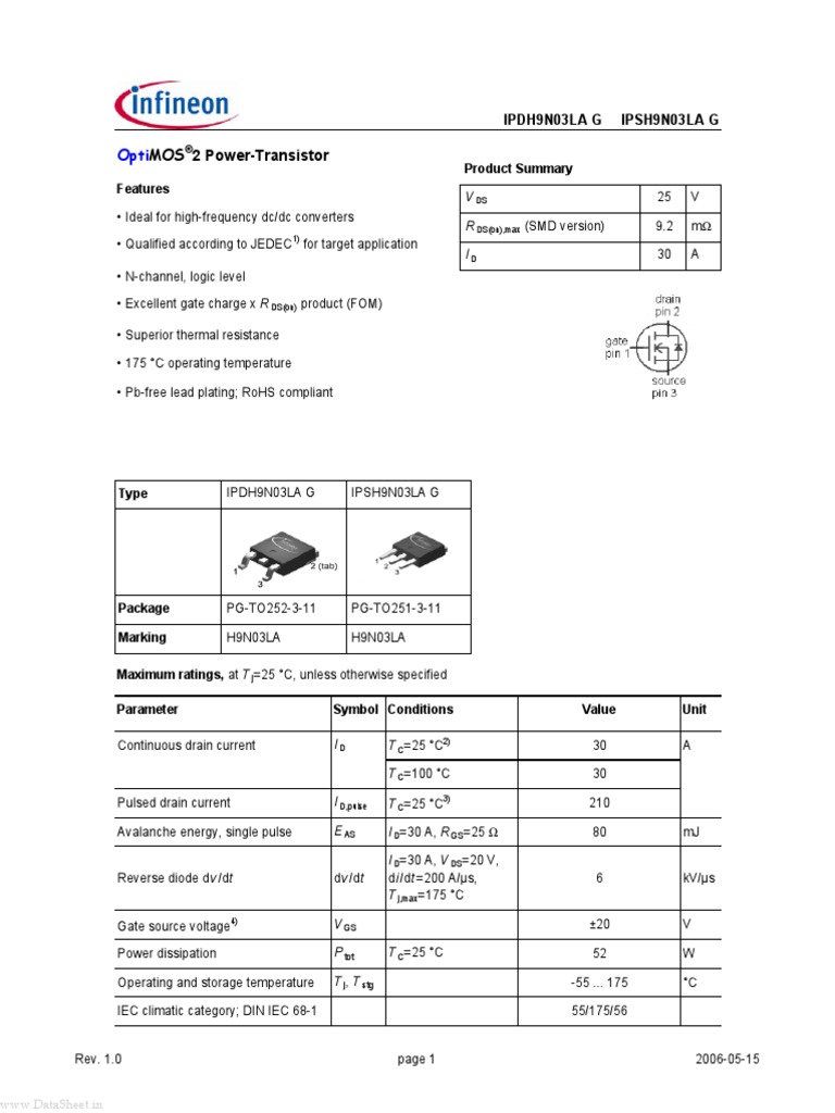 MOS 2 Power-Transistor: Features Product Summary | PDF | Field Effect ...
