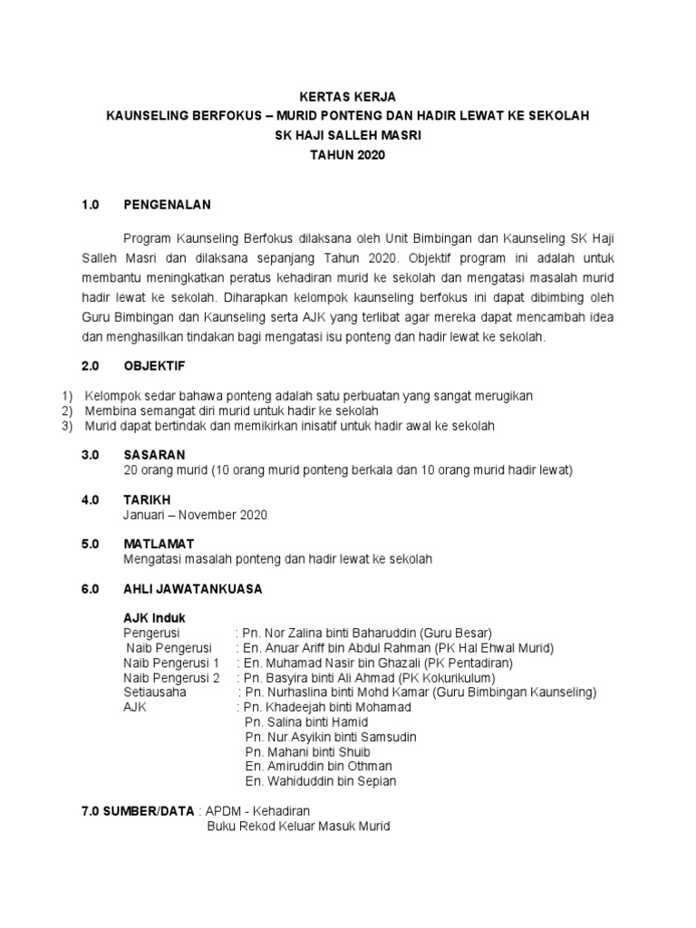 Kertas Kerja Kaunseling Berfokus 2020 | PDF