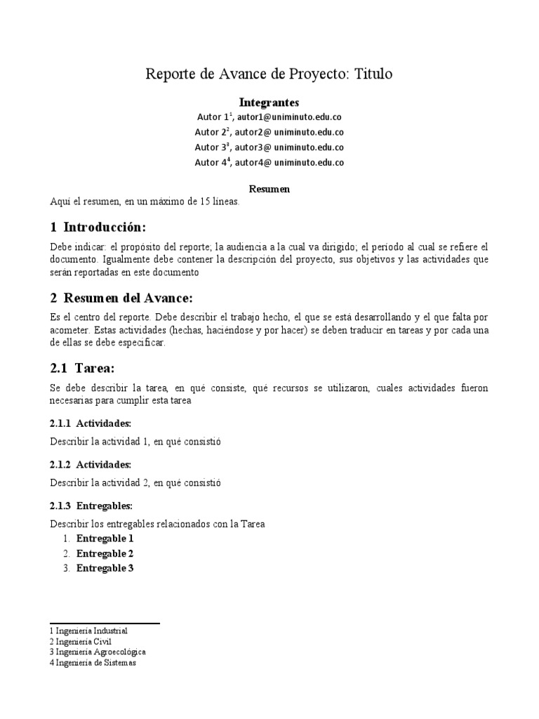 Modelo Reporte de Avance de Proyecto | PDF | Ingeniería | Ciencia de sistemas
