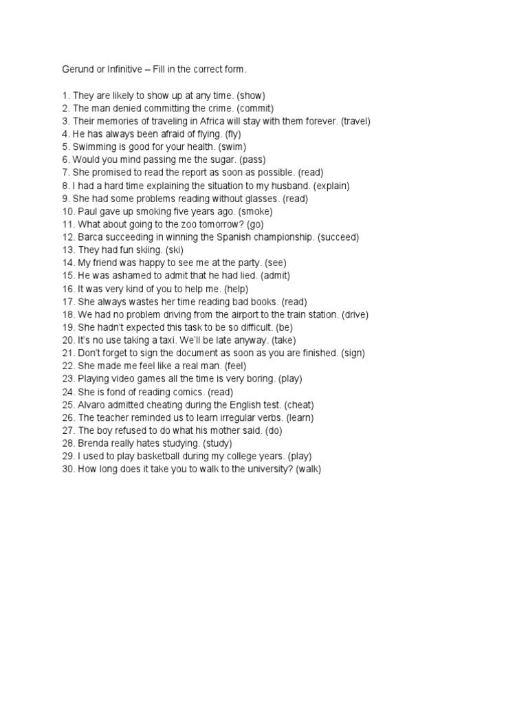 Gerund or Infinitive - Fill in The Correct Form | PDF