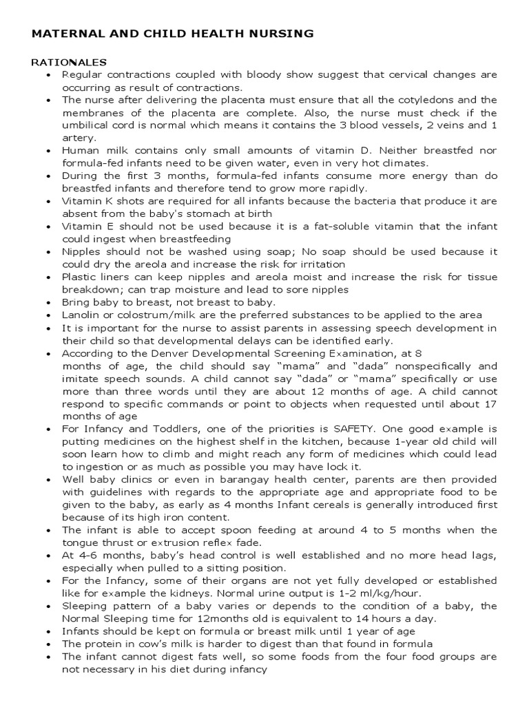 Maternal and Child Health Nursing: Rationales | PDF | Breastfeeding ...