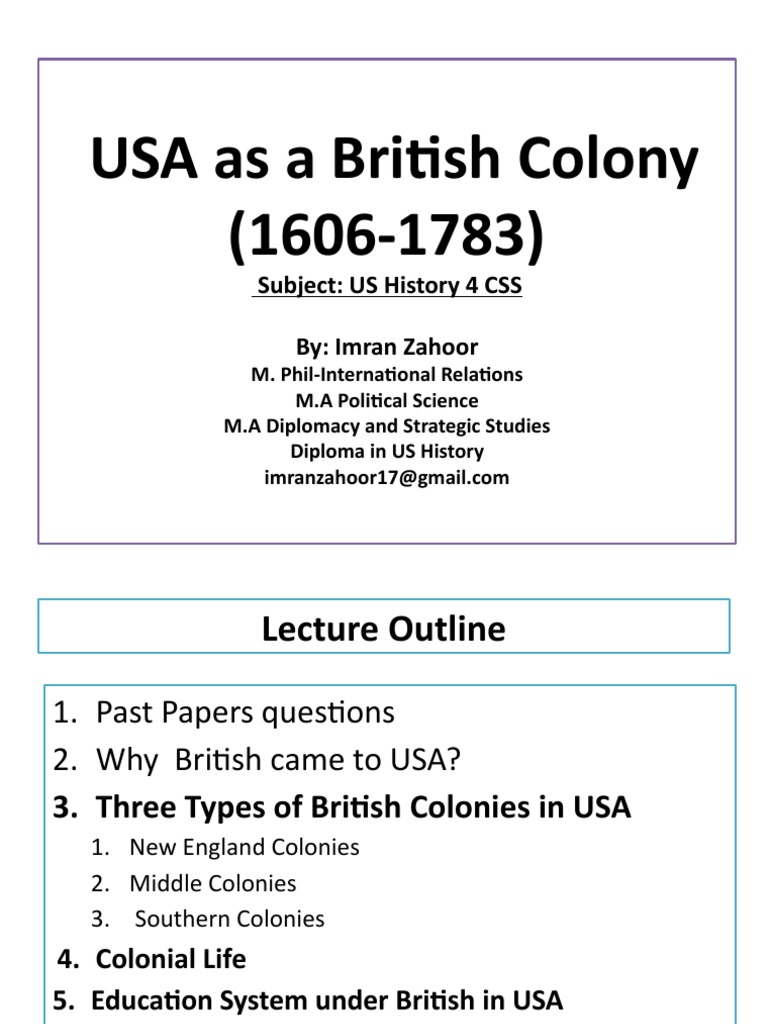USA As A British Colony (1606-1783) : Subject: US History 4 CSS By ...