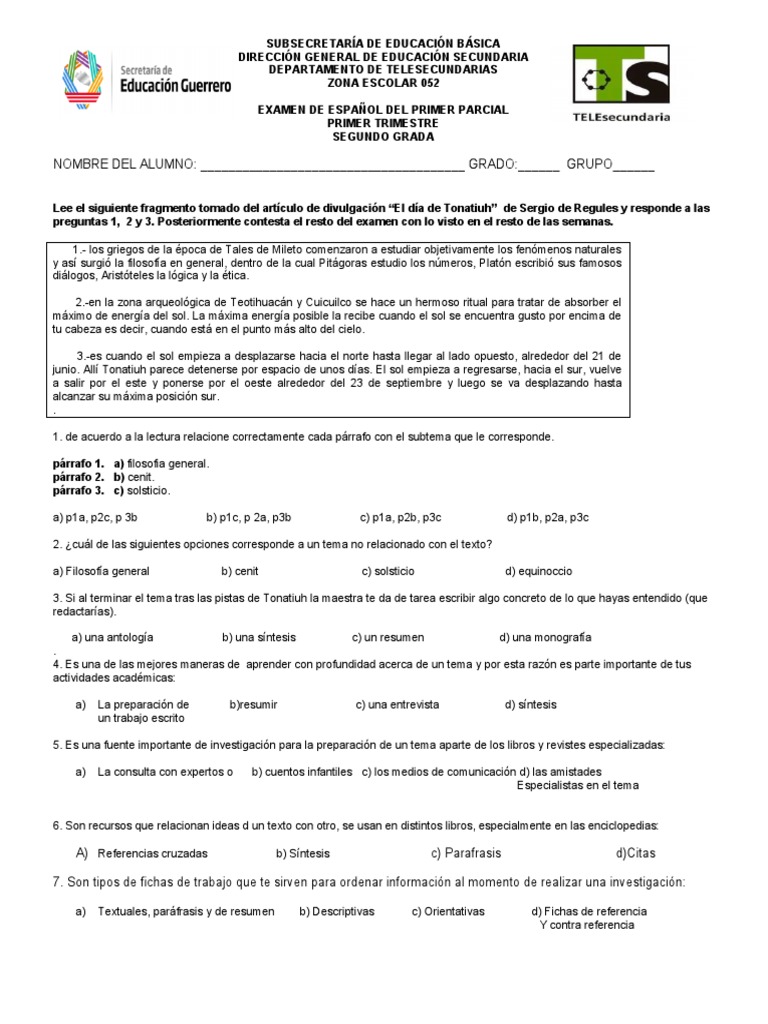 ESPAÑOL Examen 2° | PDF | Cuentos | Prueba (evaluación)