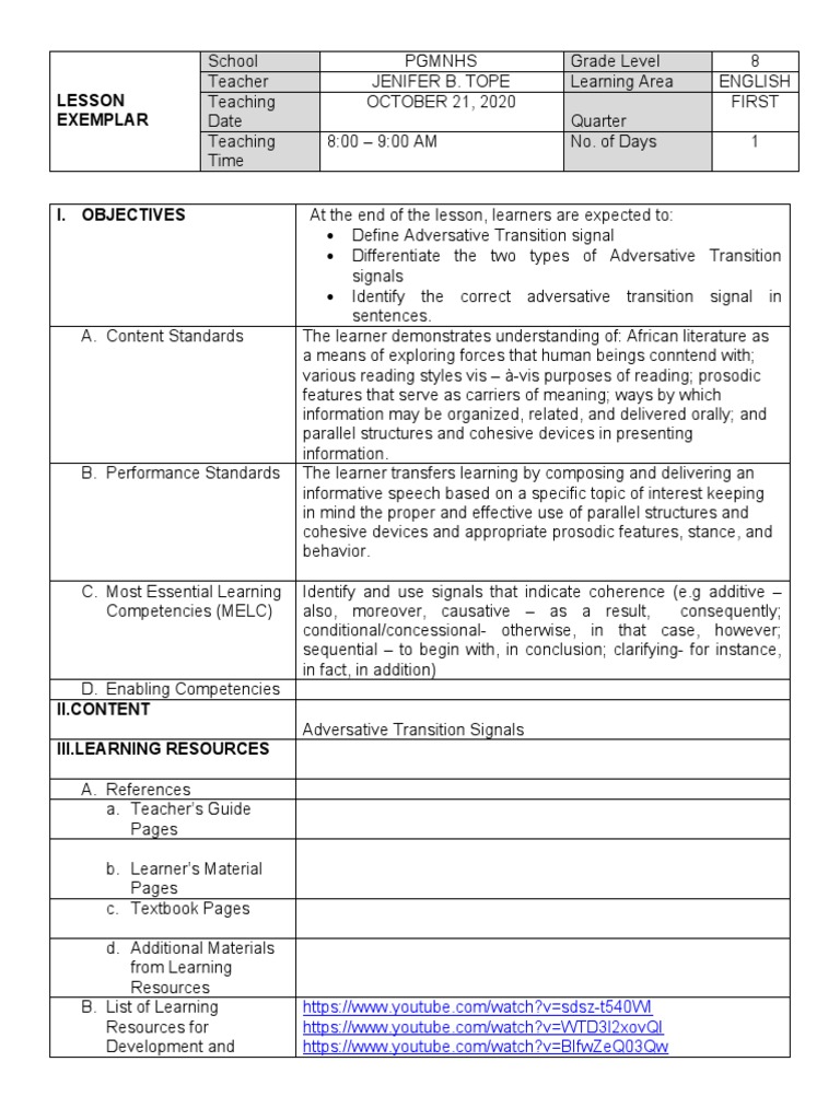 Adversative Transition Signals Lesson Plan | PDF | Epistemology | Learning