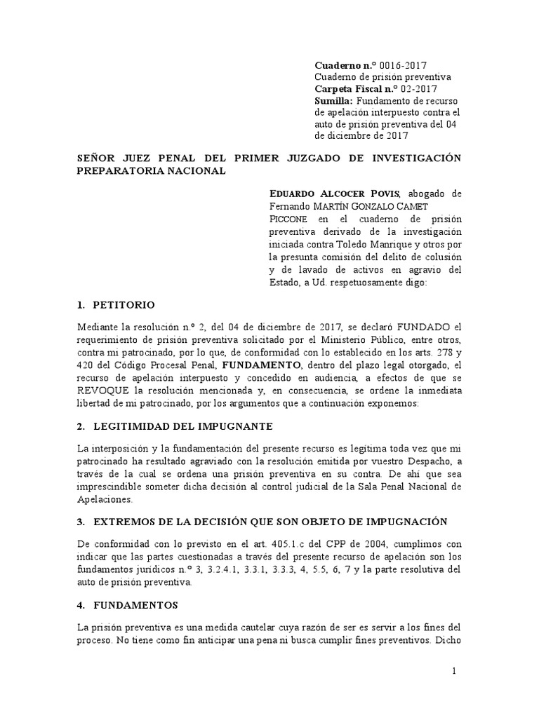 Modelo de Apelacion de Prision Preventiva | PDF | Derecho penal | Apelación