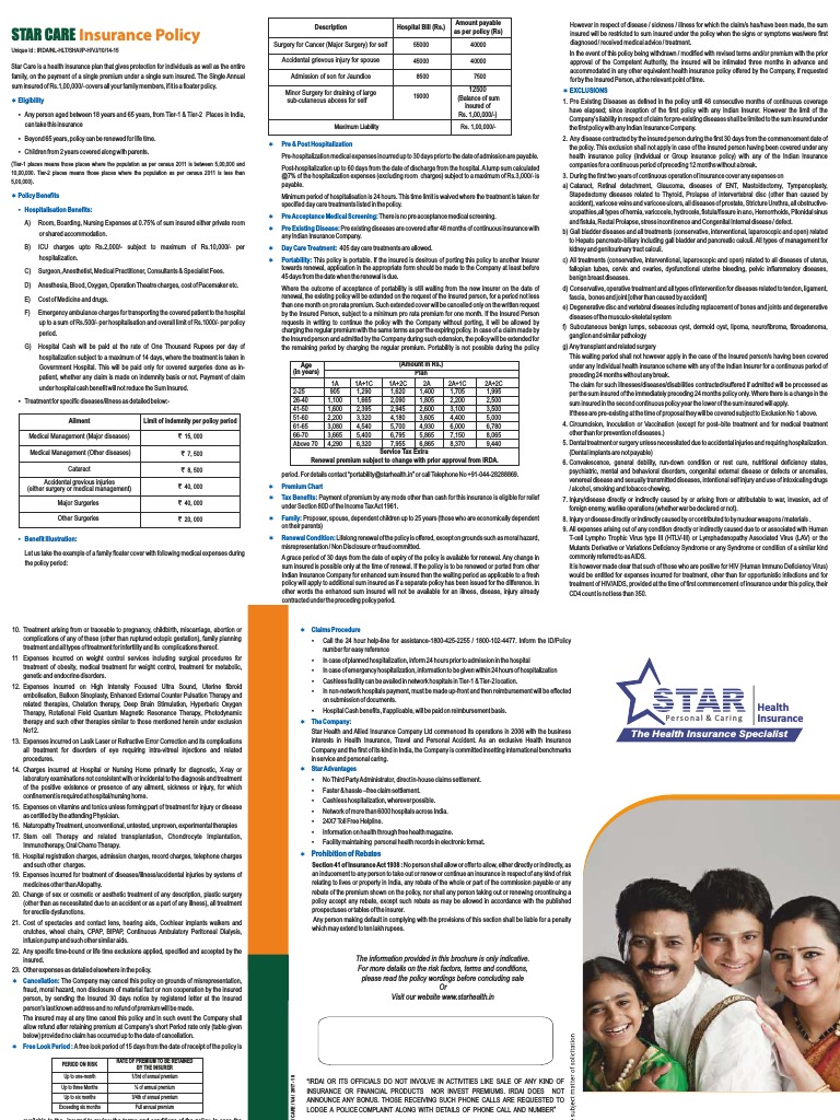 Insurance Policy: Star Care | Download Free PDF | Insurance | Hospital