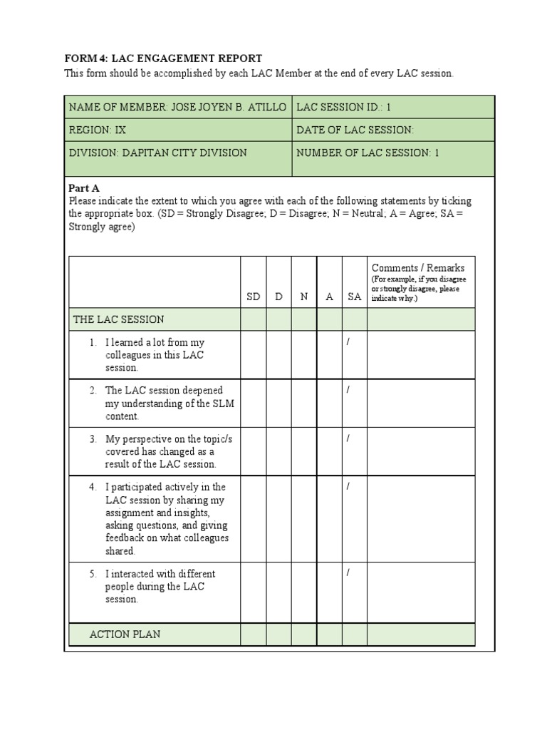 Form 4. LAC Engagement Report Joyen Atillo | PDF | Learning ...