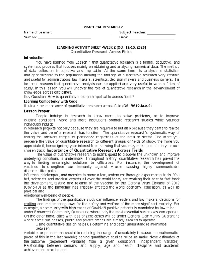 G12 Practical Research 2 Week 2 Activity Sheets | PDF | Quantitative ...
