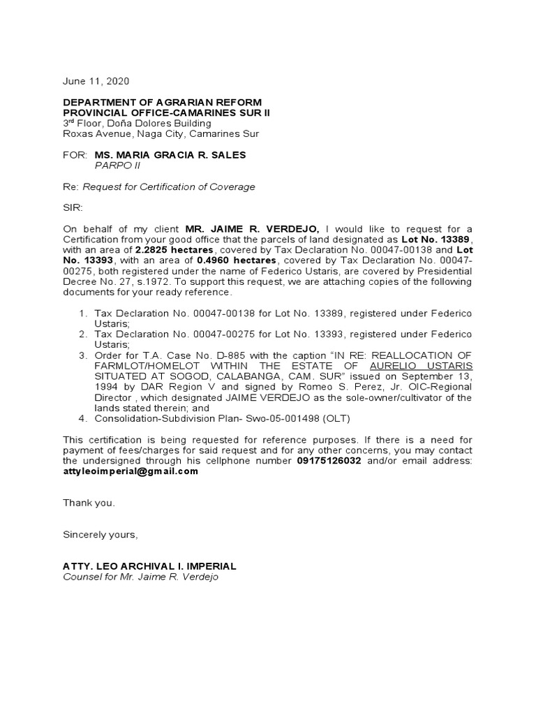 Request for Certification that Specific Parcels of Land are Covered by ...
