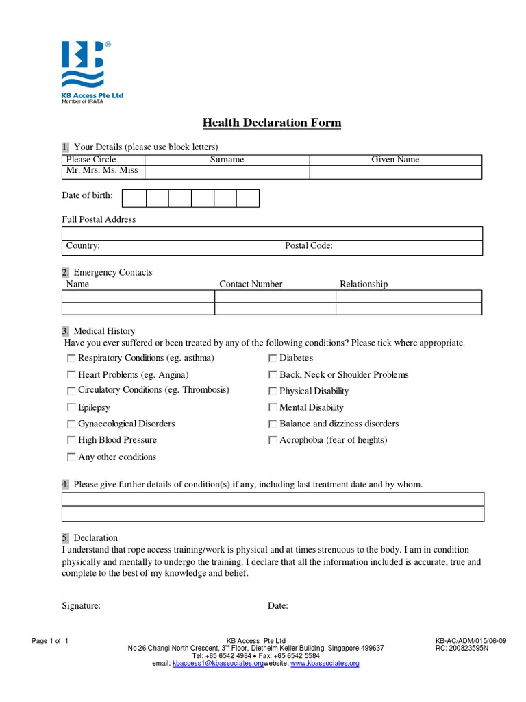 IRATA Health Declaration Form | PDF | Wellness