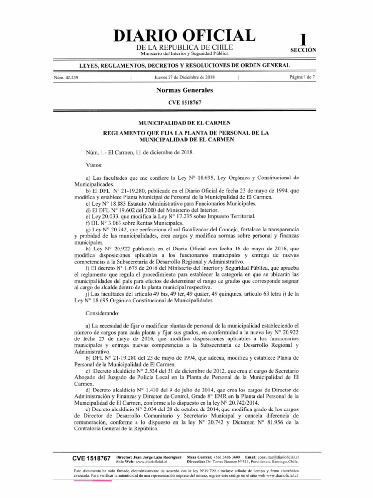 Reglamento Planta Munic EL Carmen D Oficial 42239 27.12.2018 | PDF