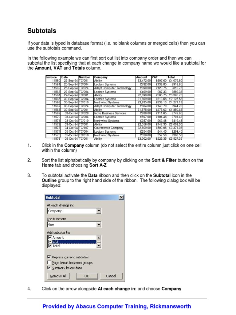 Excel - Subtotals | PDF | Areas Of Computer Science | Computer Data