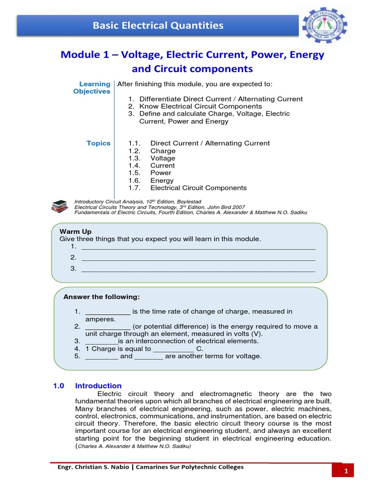 Module 1 Basic Electrical Quantities | PDF | Voltage | Kilowatt Hour