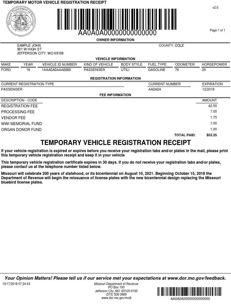 MVRegistrationReceipt PDF | PDF | Vehicle Registration Plate | Vehicles