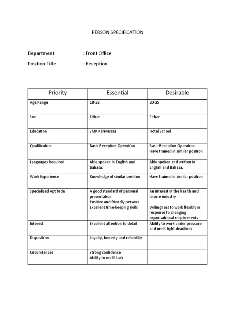 Priority Essential Desirable: Person Specification | PDF