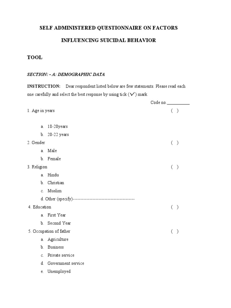 Self Administered Questionnaire On Factors Influencing Suicidal ...