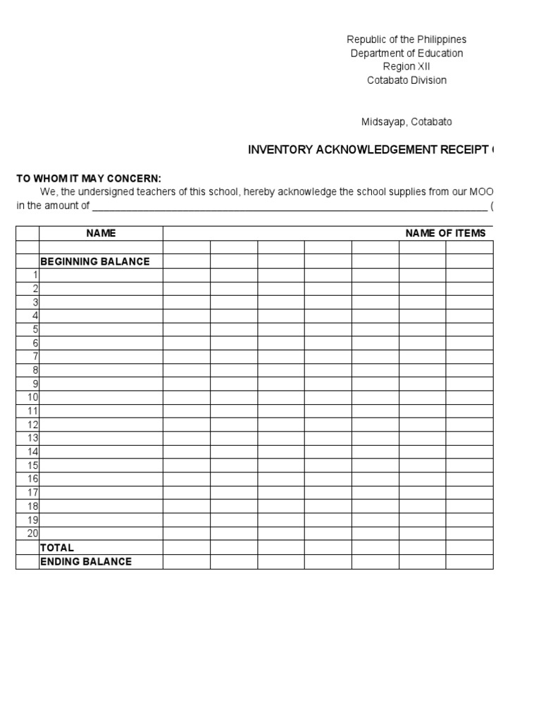 Inventory Acknowledgement Receipt of Supplies: To Whom It May Concern | PDF