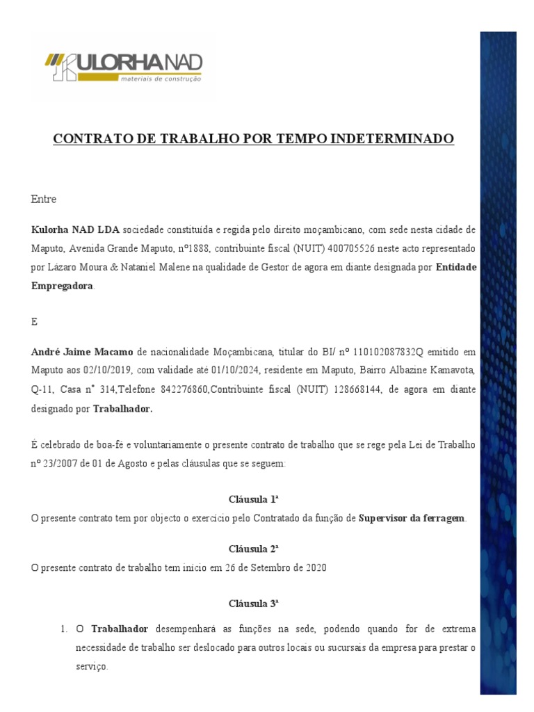 Contrato de Trabalho - Kulorha Nad - Andre Macamo | PDF | Lei e ...