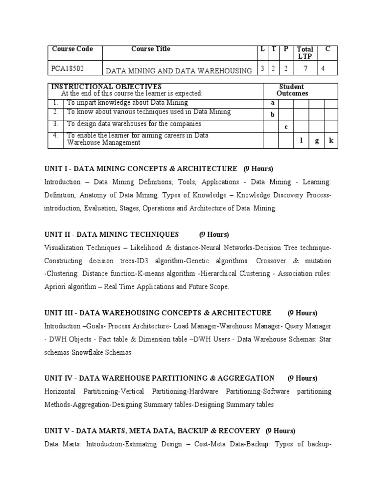 Data Mining Syllabus Pdf Data Warehouse Data Mining
