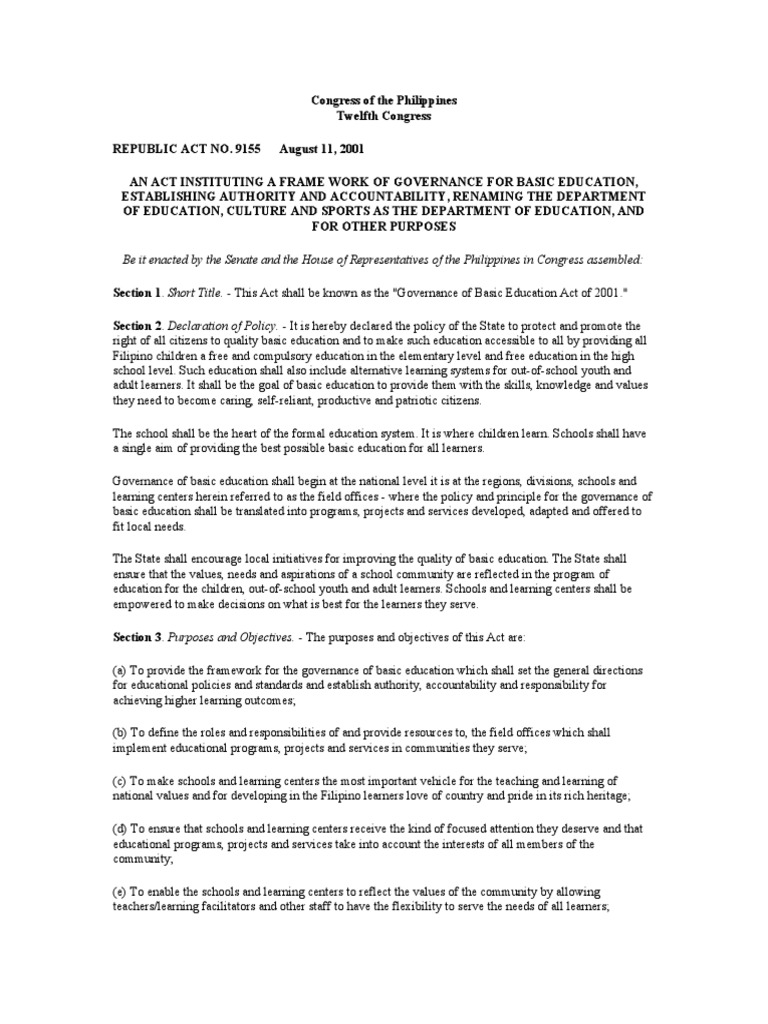 RA 9155 - Ongress of The Philippines | PDF | Governance | Schools