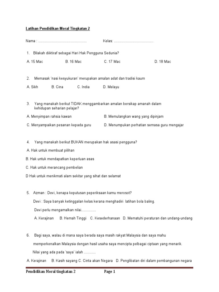Ujian Pertengahan Tahun Pendidikan Moral Tingkatan 2 Pdf