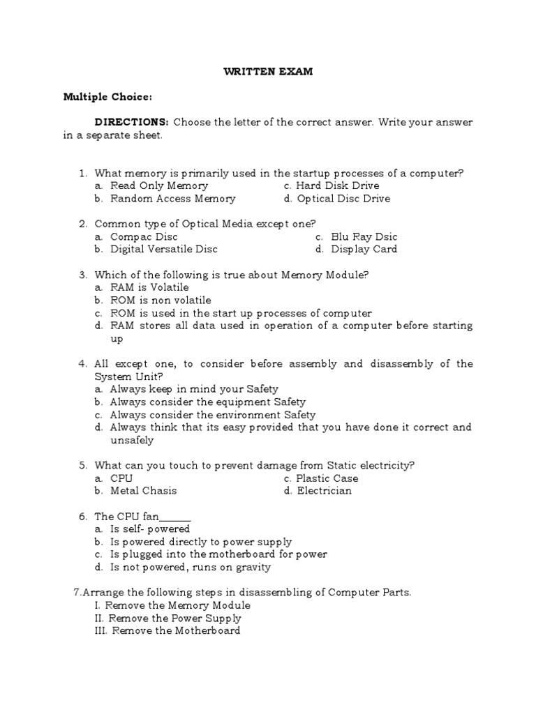 Written Exam Multiple Choice: DIRECTIONS: Choose The Letter of The ...