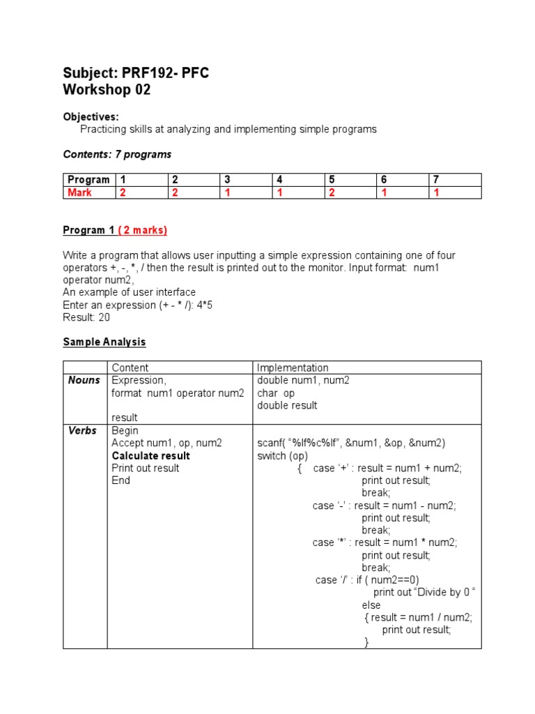 Subject: PRF192-PFC Workshop 02: Objectives | PDF | Integer (Computer ...