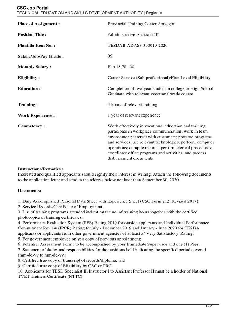 Place of Assignment: Position Title: Plantilla Item No.: Salary/Job/Pay ...