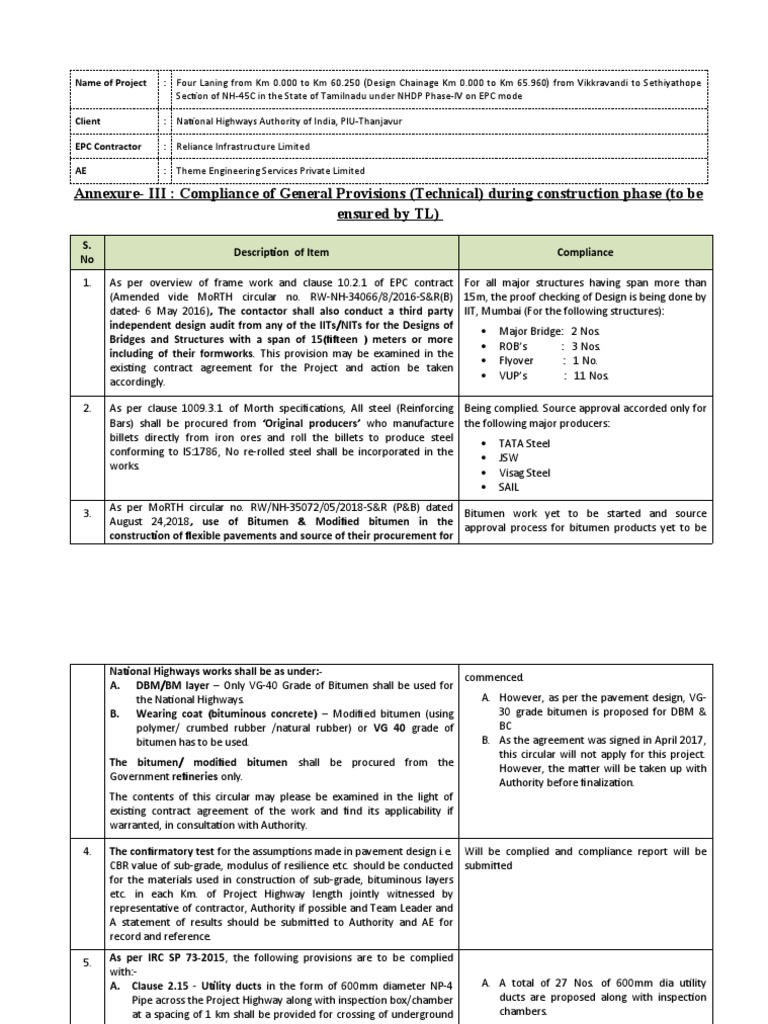 Annexure-III: Compliance of General Provisions (Technical) During ...