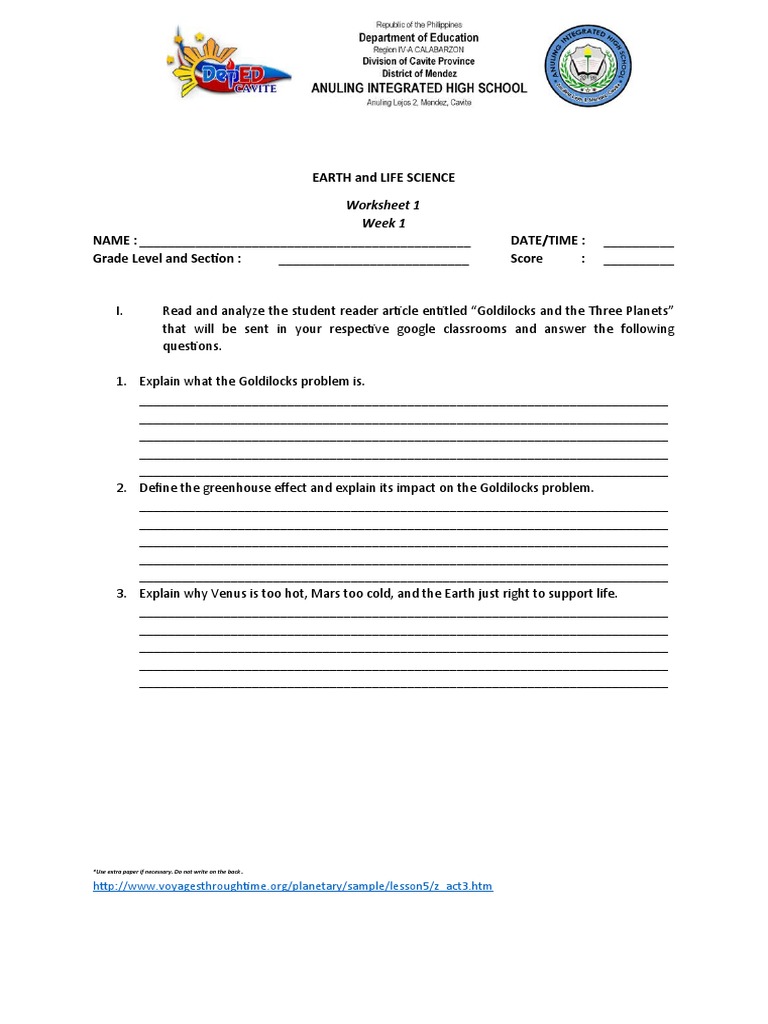 Earth and Life Science: Worksheet 1 Week 1 | PDF