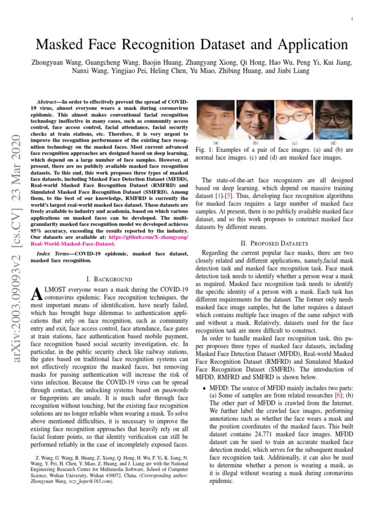 Masked Face Recognition Dataset And Application Pdf Pdf Authentication Computing And