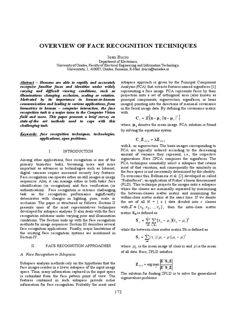 Overview of Face Recognition Techniques: Ioan Buciu | PDF | Principal ...