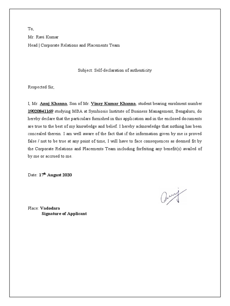 Self Declaration Form | PDF