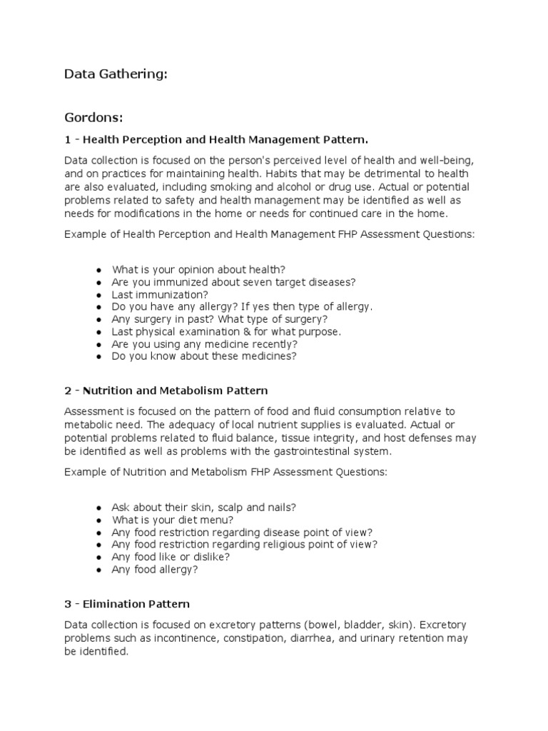 Data Gathering: Gordons:: 1 - Health Perception and Health Management ...
