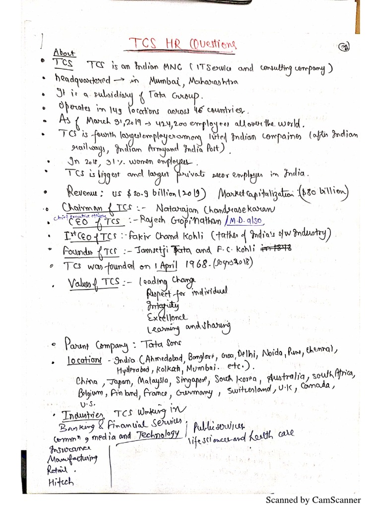 TCs Company HR Interview Handwritten Notes | PDF