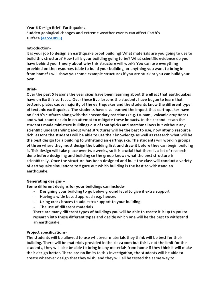Year 6 Design Brief | PDF | Earthquakes | Design