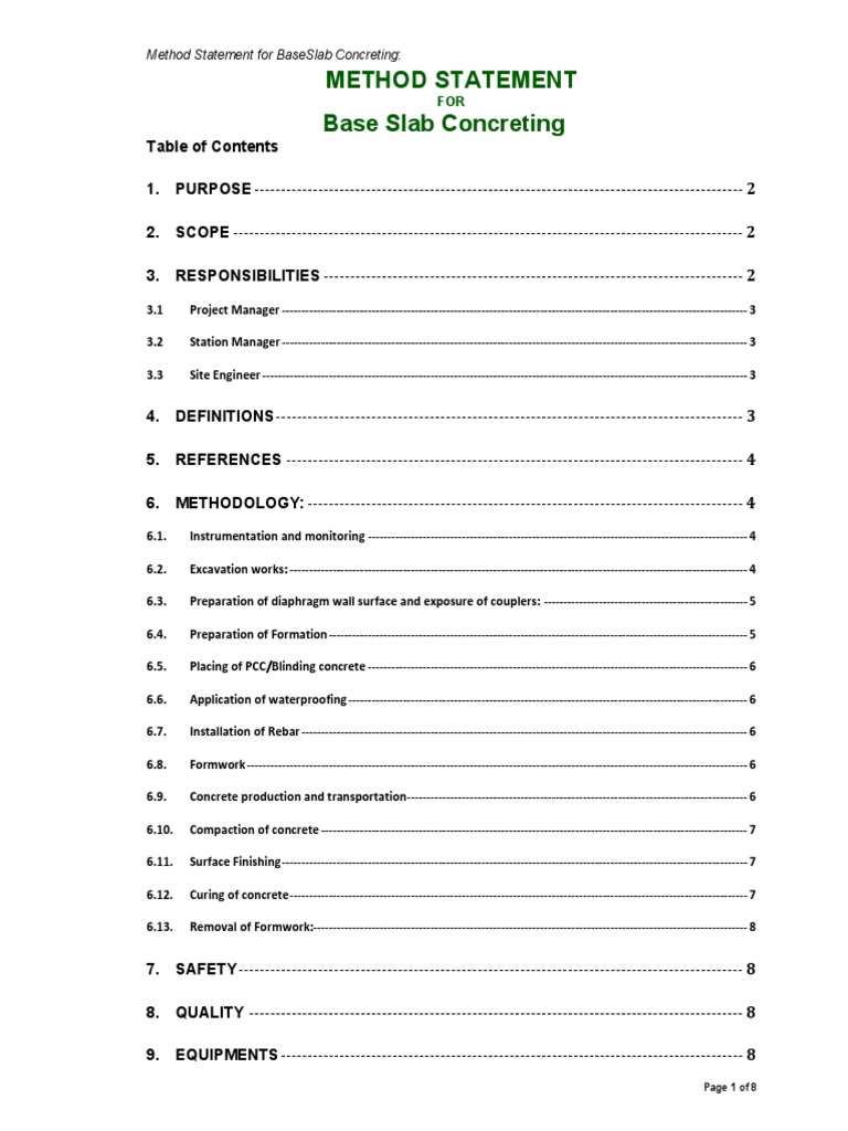 Method Statement Base Slab Concreting: Page 1 of 8 | PDF | Concrete | Quality Assurance